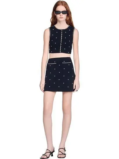 Sandro Rhinestone-embroidered Knit Mini Skirt - Black