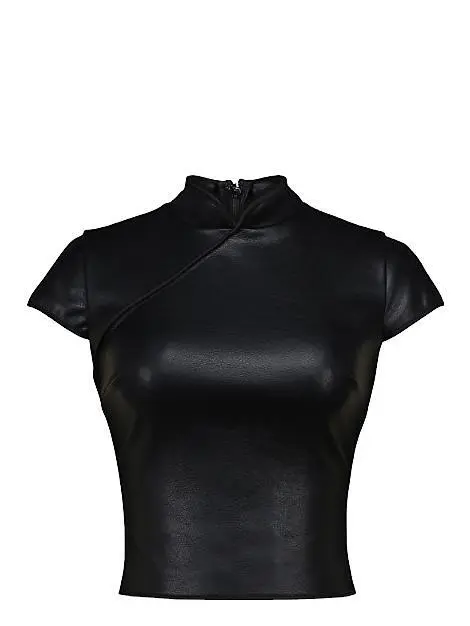 House Of Cb Bobbi Mandarin-collar Vegan-leather Top - Black