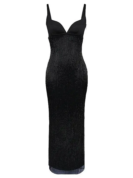House Of Cb Ari Bead-embellished Satin Maxi Dress - Black