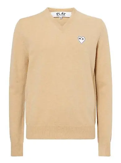 Play Comme Des Garcon Heart-embroidered Knitted Wool Jumper - Light Camel