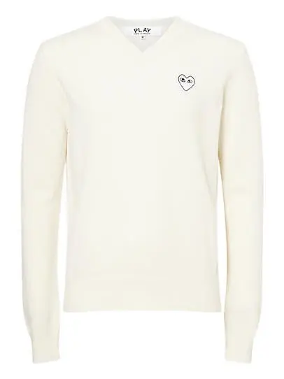 Play Comme Des Garcon Heart-embroidered Knitted Wool Jumper - Natural