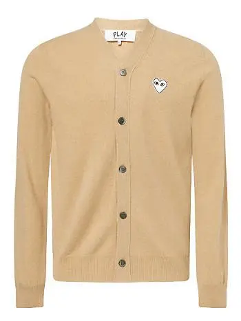 Play Comme Des Garcon Heart-embroidered Knitted Wool Cardigan - Light Camel