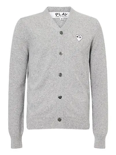 Play Comme Des Garcon Heart-embroidered Knitted Wool Cardigan - Light Grey