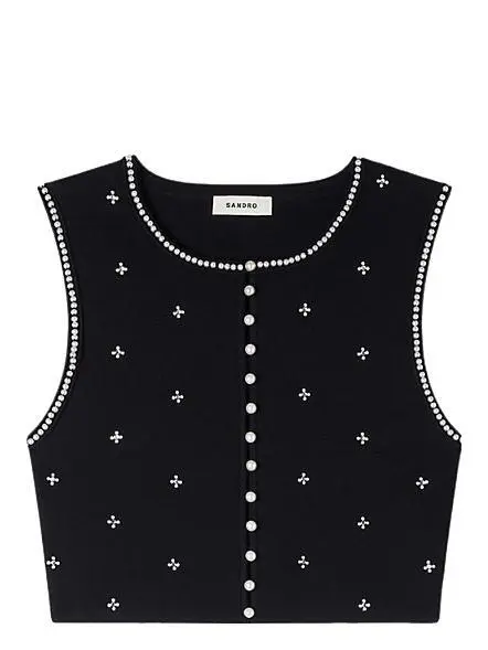 Sandro Rhinestone-embellished Cropped Knitted Top - Black
