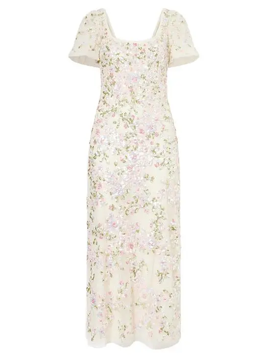 NEEDLE & THREAD Dream Garland Puff-sleeve Mesh Gown - Cream/multi