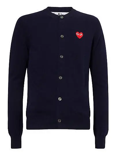 Play Comme Des Garcon Heart-embroidered Knitted Wool Cardigan - Navy