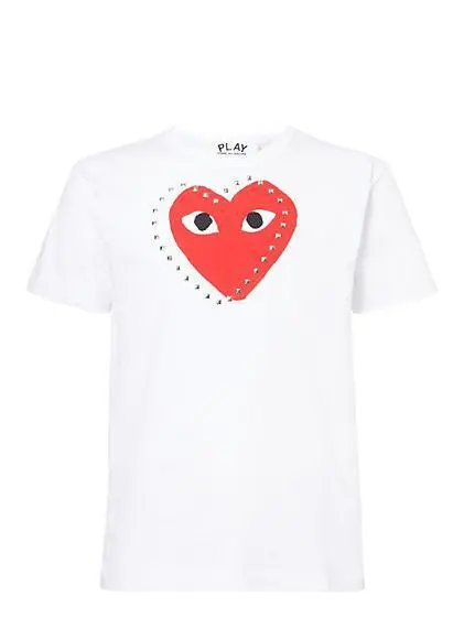 Play Comme Des Garcon Rhinestone Heart-embroidered Cotton T-shirt - White