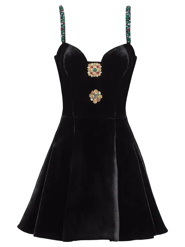 Balmain Velvet Embellished Mini Dress - Black