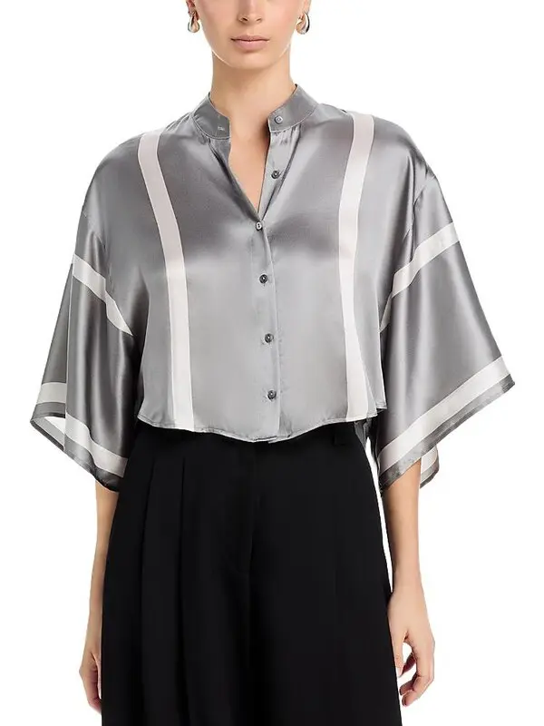 L'Agence Dru Silk Mandarin Collar Blouse - Light Grey/white Stripe