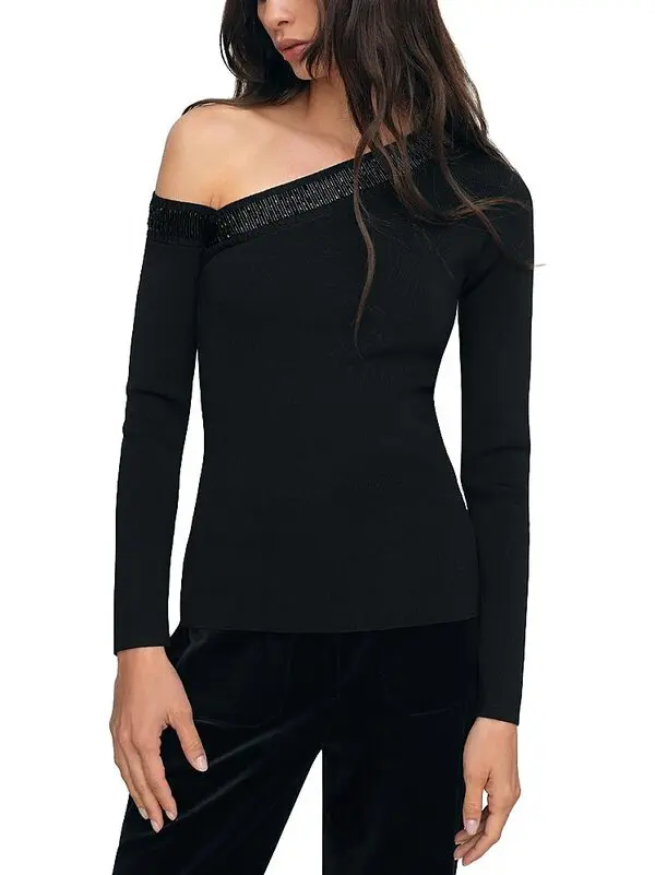 REISS Beaded Off-shoulder Top - Black