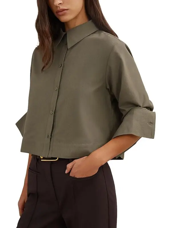 REISS Cropped Cotton-blend Shirt - Khaki Gree