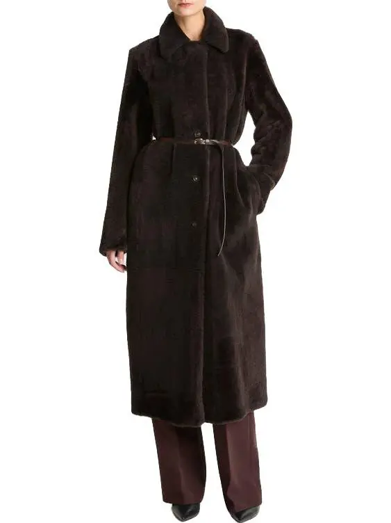 Vince Long Genuine Shearling Coat - Dark Umber