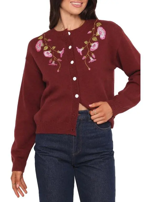 PETAL & PUP Floral Embroidered Cardigan Sweater - Burgundy
