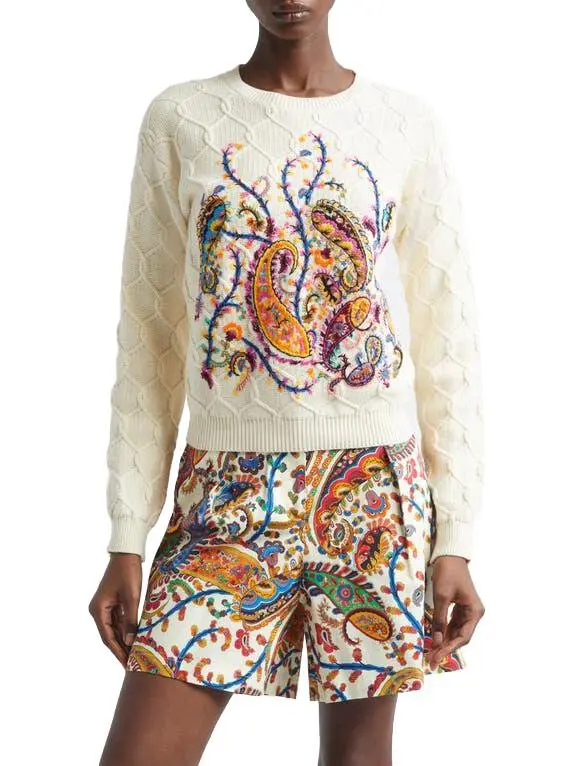 Etro Embroidered Crop Cotton Blend Sweater - Ivory