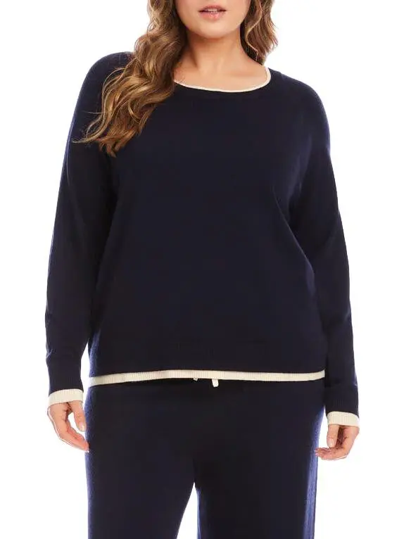 Karen Kane Contrast Trim Crewneck Sweater - Navy/cream