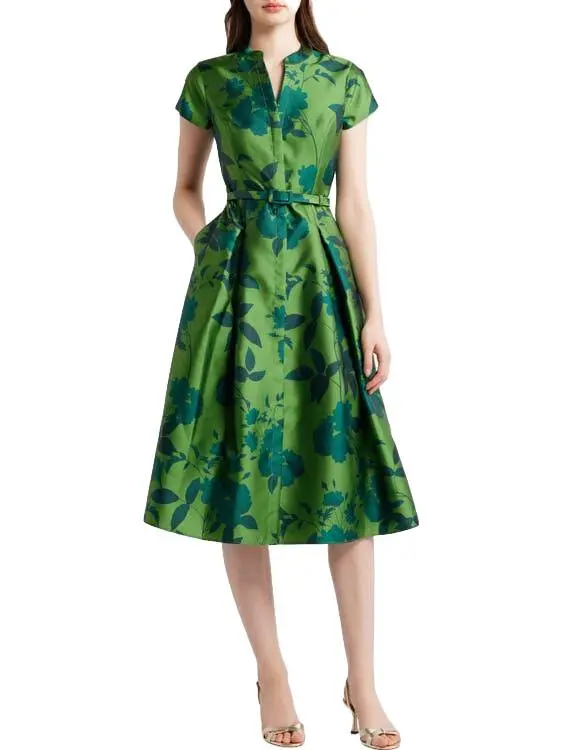 Sachin & Babi Floral Mikado Cocktail Midi Dress - Empress Green Roses