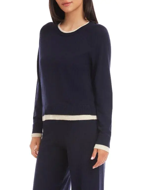 Karen Kane Contrast Trim Crewneck Sweater - Navy W/cream