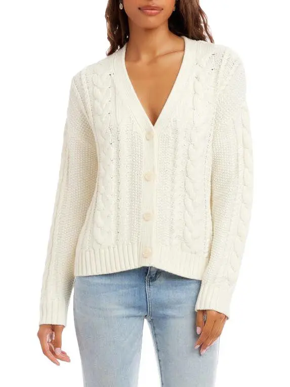 Karen Kane Cable Stitch V-neck Cardigan - Cream