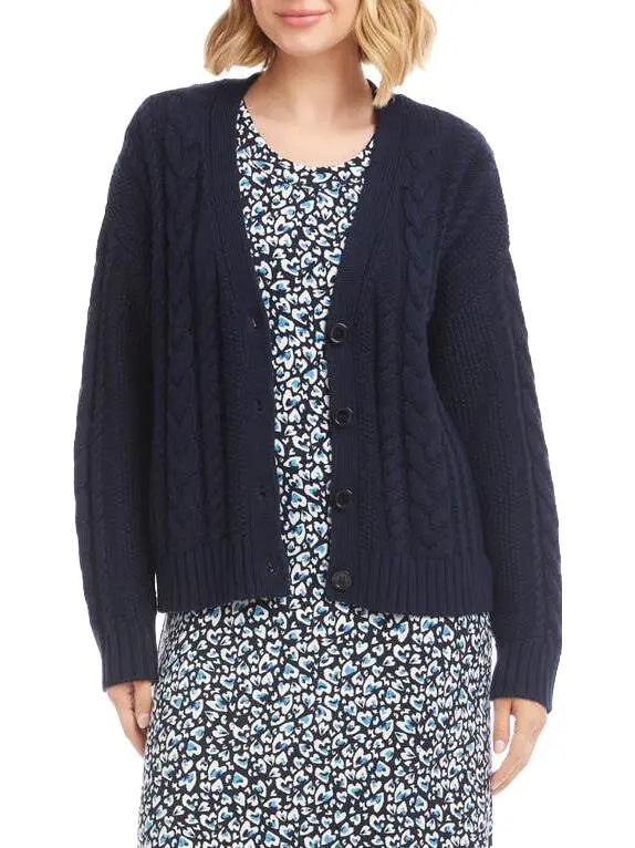 Karen Kane Cable Stitch V-neck Cardigan - Navy