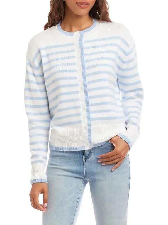 Karen Kane Striped Cardigan Sweater - Blue With Off White