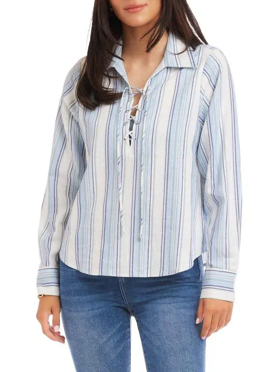 Karen Kane Linen Blend Lace-up Popover Shirt - Stripe