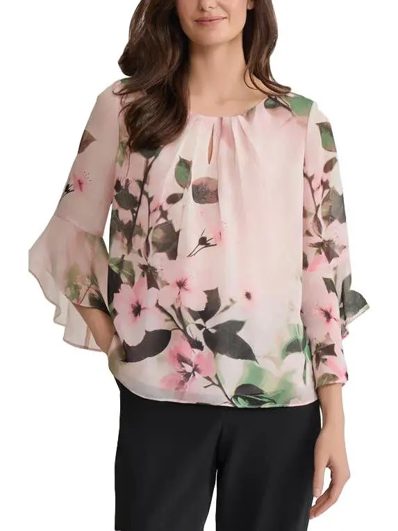 KASPER Floral Print Flutter Sleeve Top - Vanilla Ice Multi