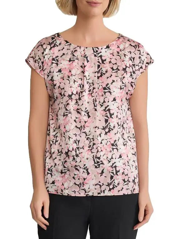 KASPER Floral Print Satin Top - Black/pink Multi