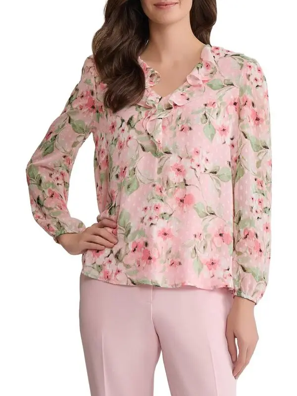 KASPER Clip Dot Ruffle Blouse - Tutu Pink Multi