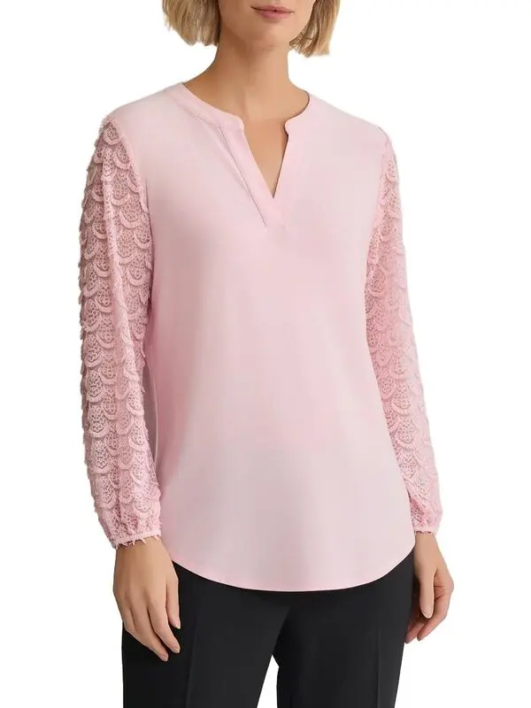 KASPER Split Neck Lace Sleeve Tunic Top - Tutu Pink