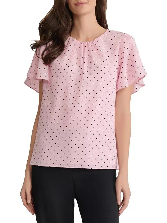 KASPER Polka Dot Flutter Sleeve Top - Tutu Pink/black