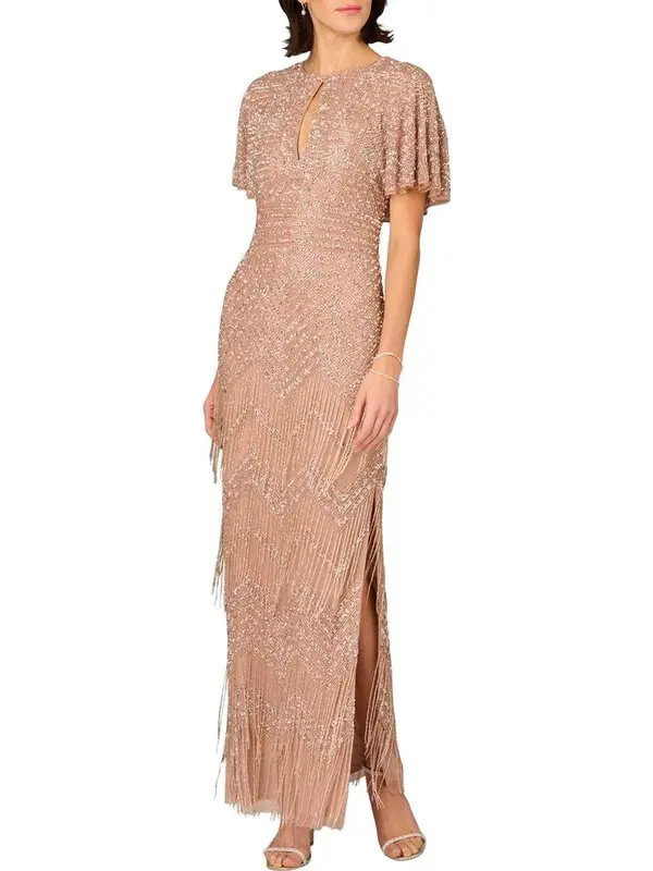 Aidan Mattox Beaded Fringe Flutter Sleeve Maxi Gown - Rose Gold
