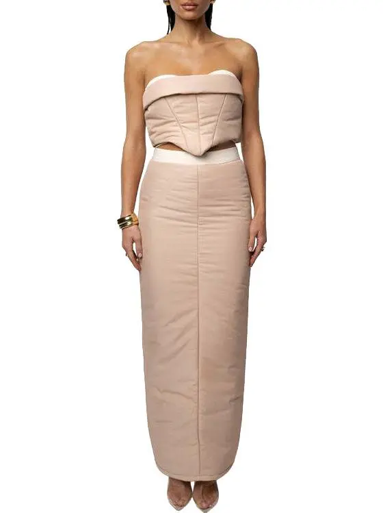JLUXLABEL Quilted Strapless Crop Top And Column Maxi Skirt Set - Beige
