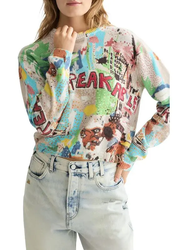 Scotch & Soda X Basquiat Embroidered Graphic Cotton Crewneck Sweater - Basquiat Unbreakable