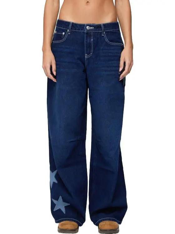 EDIKTED Trish Star Low Rise Wide Leg Jeans - Indigo-blue-raw-wash