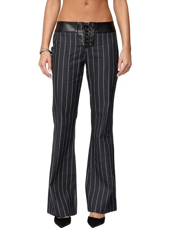 EDIKTED Pinstripe Faux Leather Lace-up Flare Pants - Dark-blue