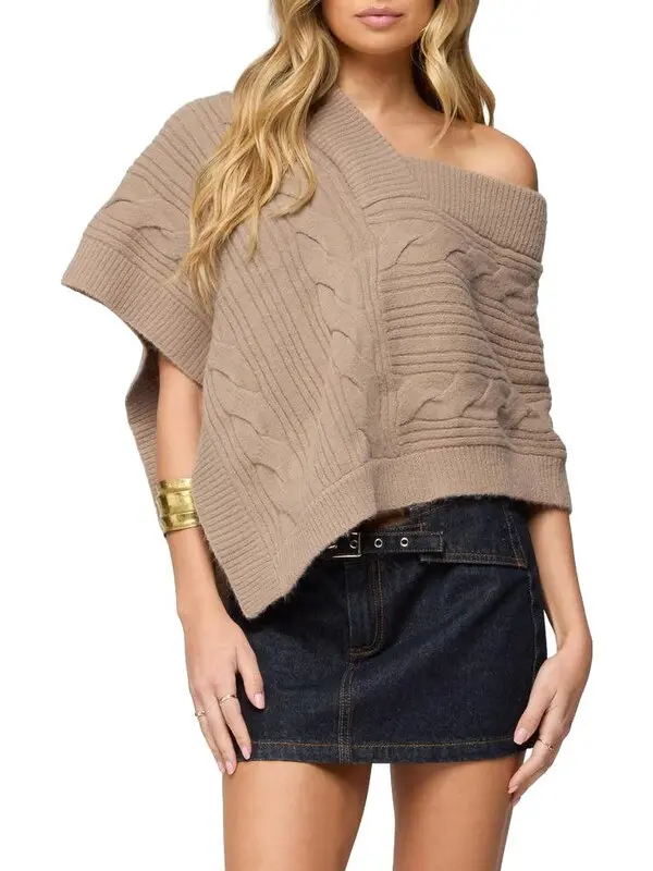 EDIKTED Cable Stitch Poncho - Brown