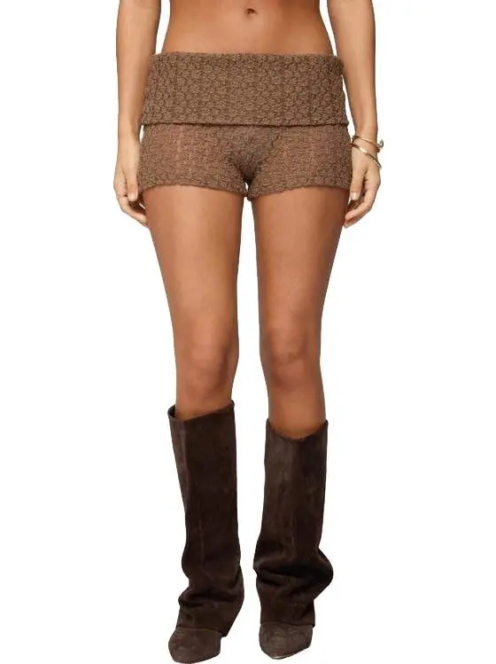 EDIKTED Sheer Texture Foldover Shorts - Brown