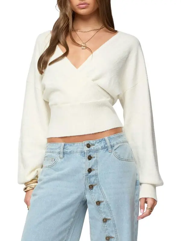 EDIKTED Lillia V-neck Crop Sweater - White