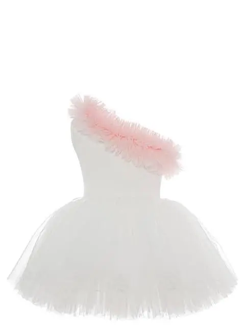 MINI CELEBRITIES One Shoulder Ruffle Tulle Dress - White Lily Pink Ruffle
