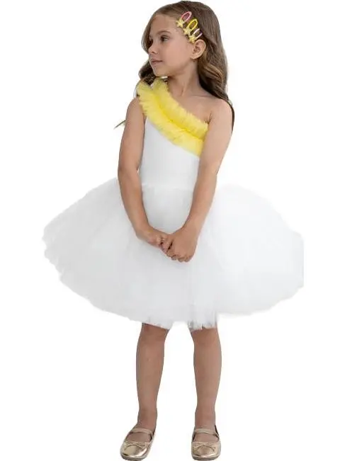 MINI CELEBRITIES One Shoulder Ruffle Tulle Dress - White Lily Yellow Ruffle