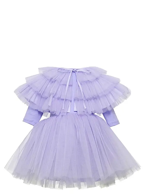 MINI CELEBRITIES Tulle Dress Set With Ruffled Cape - Purple Bloom