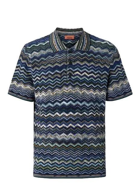 Missoni Cotton Knit Polo Shirt With Chevron Pattern - Blue