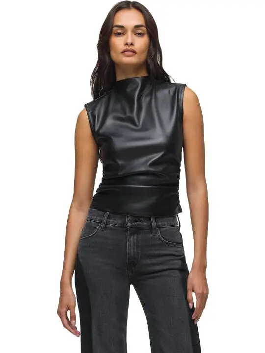 Hudson Jeans Vegan Leather Top With Side Seam Ruching - Black