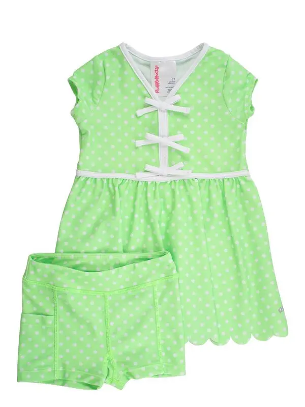 RUFFLEBUTTS Upf 50+ Active Short Sleeve Bow Dress & Bike Short Set - Neon Honeydew Polka Dot