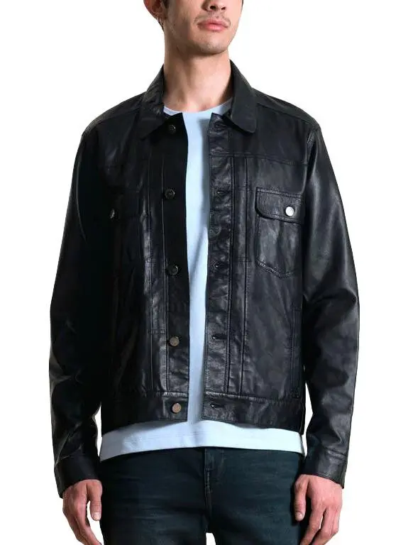 VELEZ Classic Fit Leather Trucker Jacket - Black