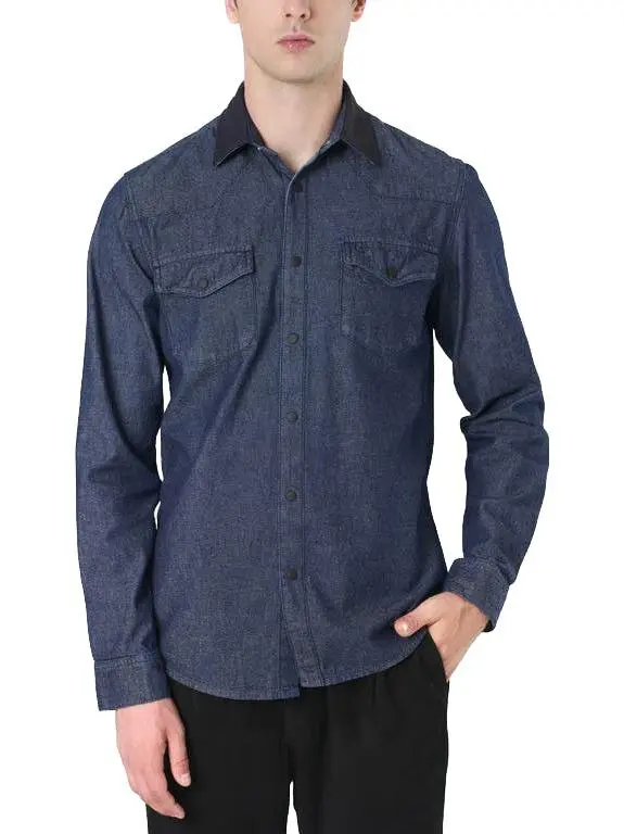 VELEZ Long-sleeve Cotton Overshirt With Denim And Leather - Blue