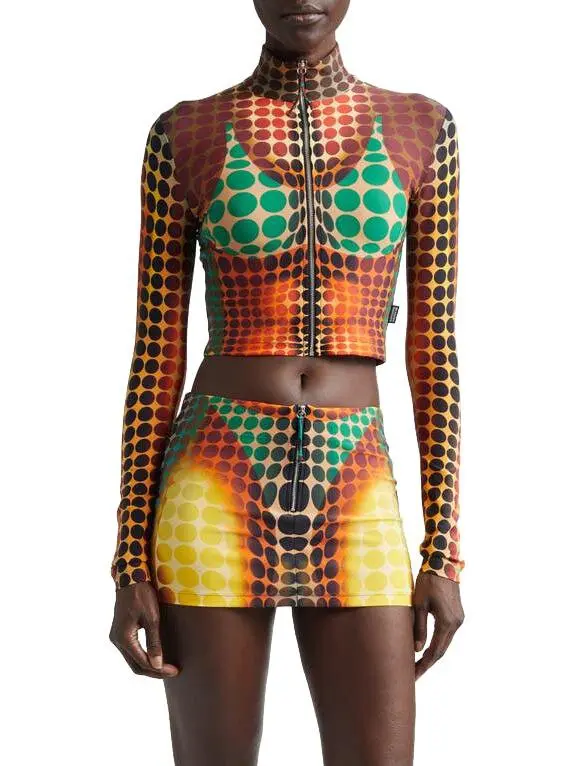 Jean Paul Gaultier Re-edition Polka Dot Trompe L'oeil Mesh Crop Top - Orange/blue/brown