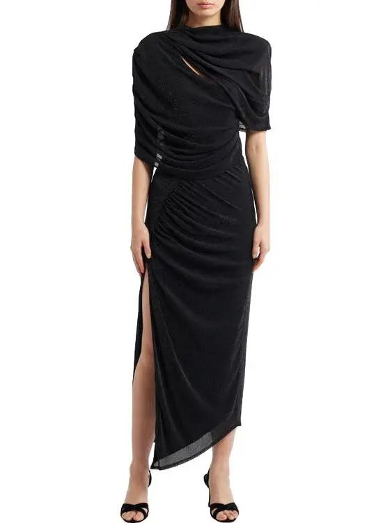 Black Halo Vionna Metallic Cutout Asymmetric Cocktail Dress - Glistening Black