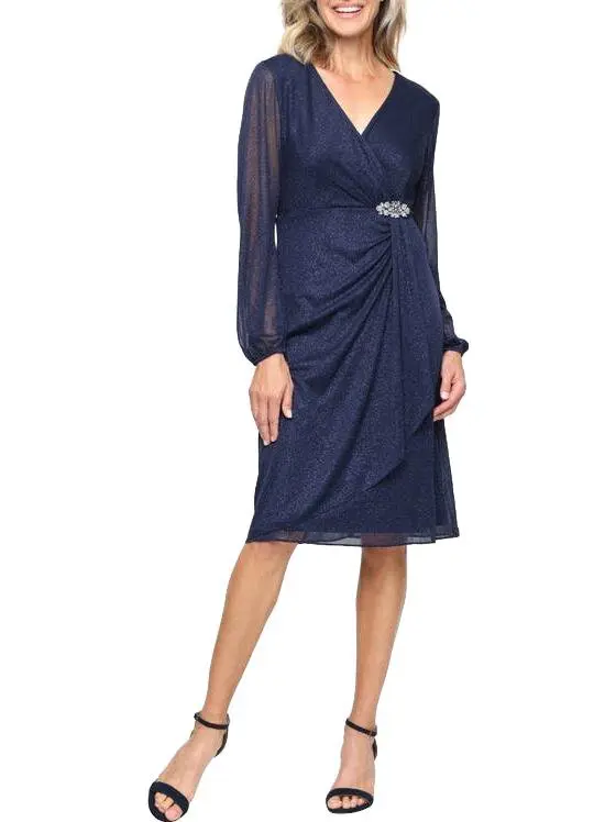 SL FASHIONS Glitter Mesh Long Sleeve Cocktail Dress - Navy