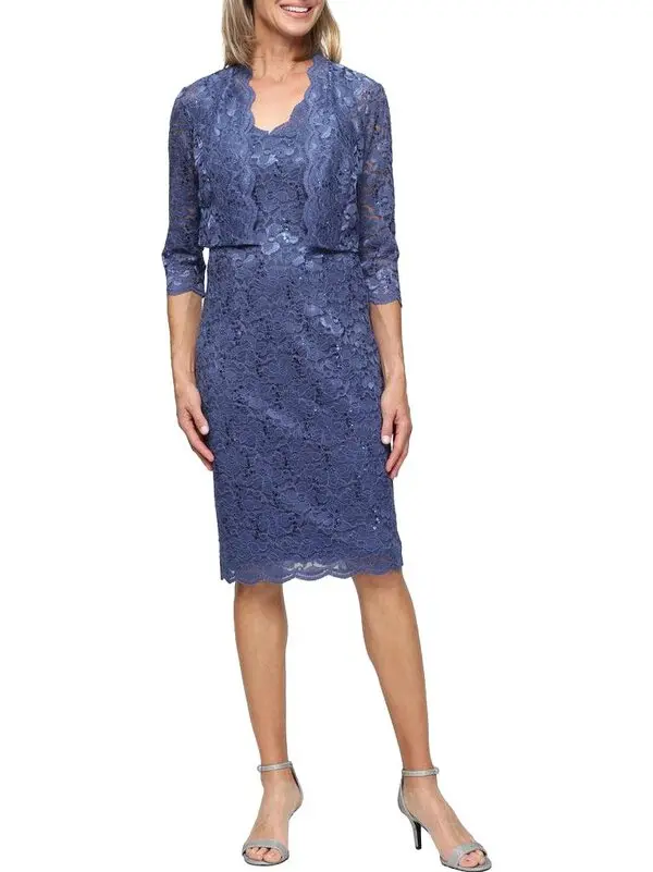 SL FASHIONS Sequin Stretch Lace Sheath Dress With Jacket - Wedgewood
